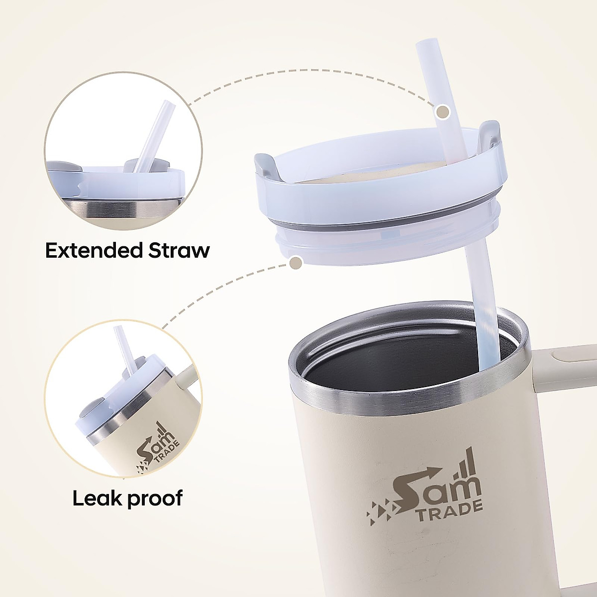 Samtrade Drinking Cup, Stainless Steel Insulated Tumbler with Handle (40oz) - 100% Leak-Proof Friendly Travel Mug, Light Gray, YX-T40