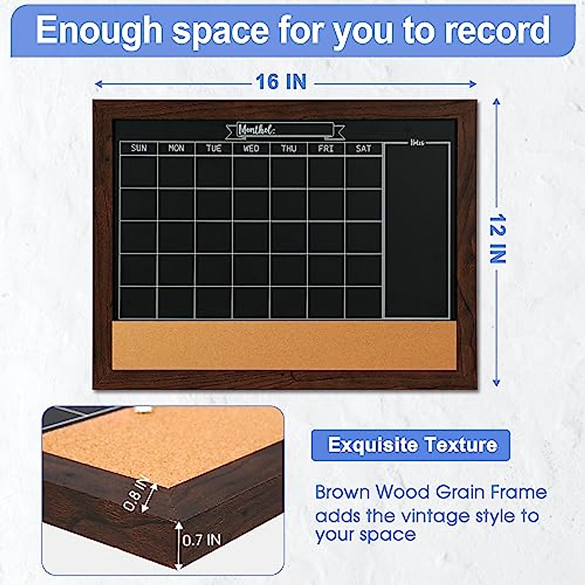 4 THOUGHT Chalkboard Calendar Corkboard Combo, 12" x 16" Small Bulletin Board Magnetic Calendar Chalkboard for Wall Combination Board Monthly Planner Rustic Brown Frame 1 Markers 6 Magnets 4 Pushpins