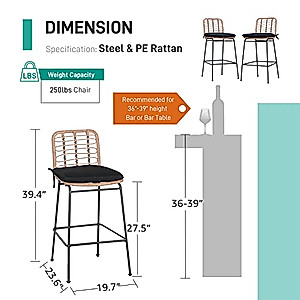 Patiorama Outdoor Bar Stools Set of 2, Patio Counter Height Stools & Bar Chairs w/Footrest, Hand-Woven Armless Beige Rattan Bar Set Patio Furniture for Garden,Pool, Indoor,Cafe,Kitchen(Black Cushion)