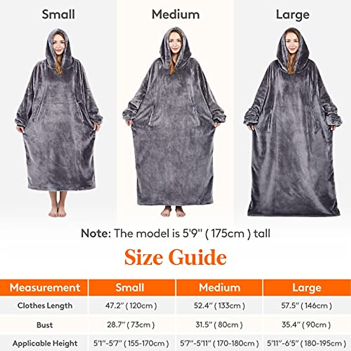 Lifewit Wearable Blanket Hoodie, Warm and Cozy Hoodie with Sleeves and Pockets, Flannel Blanket Sweatshirt for Women, Men, Medium, Grey