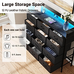 ELYKEN 50”W Black Dresser for Bedroom, Dresser with 12 Drawers and Charging Station, Fabric Chest of Drawers with PU Finish Storage Drawers, Tall Dresser for Entryway Closet Living Room Hallway