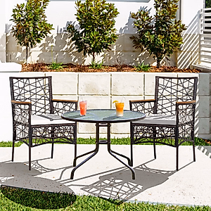 Tangkula Set of 4 Outdoor Dining Chairs, Patiojoy All-Weather PE Wicker Patio Bistro Chairs with Acacia Wood Armrests and Soft Cushions, Outdoor Armchairs for Porch, Garden, Poolside and Backyard