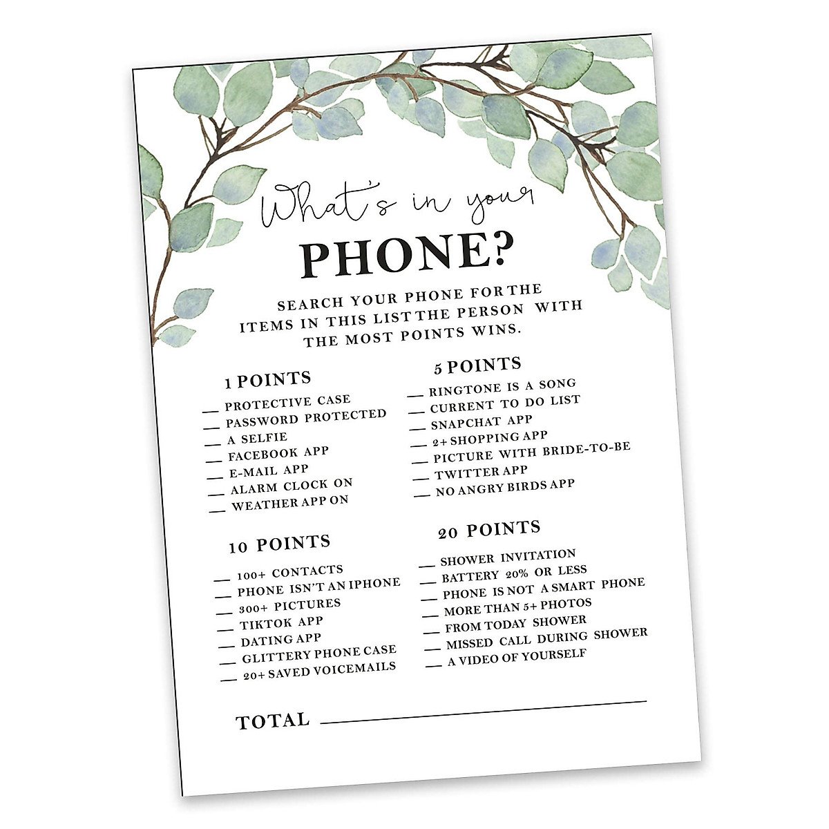 Inkdotpot 50-Pack Greenery Whats on Your Phone Bridal Shower Game Wedding Shower Bachelorette Party Bulk Activity Game Cards