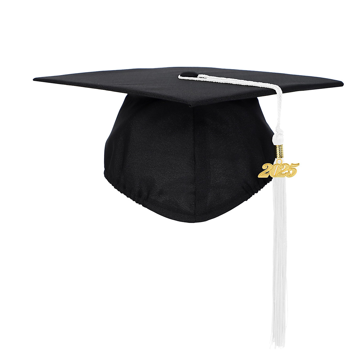 FtyFty Unisex Adult Matte Graduation Cap with Tassel Year Charm (Black with white)