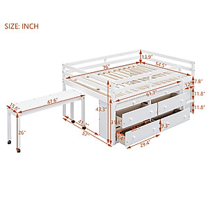 Low Loft Bed with Desk and Storage, Full Size Kids Loft Bed Frame with 4 Drawers and Rolling Portable Desk for Children and Teens, Boys, Girls, White