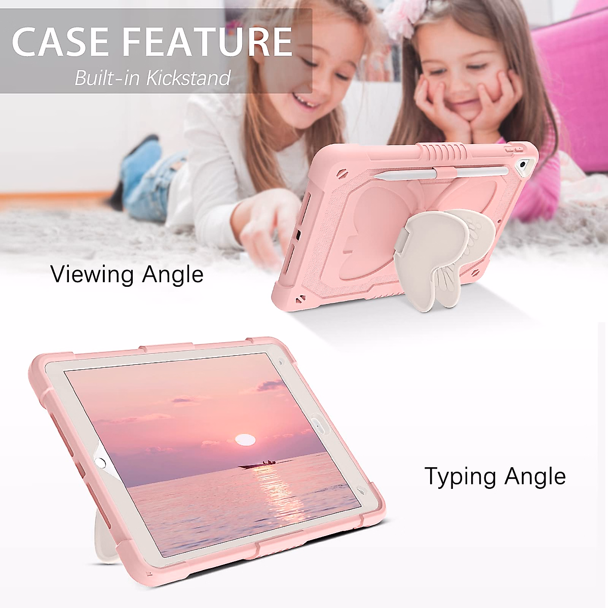 DUEDUE for iPad 10.2 9th/8th/7th Generation Case 2021/2020/2019, Butterfly Wings Kickstand with Pencil Holder Heavy Duty Rugged Shockproof Case for New Apple iPad Air 3 10.5, Beige/Pink