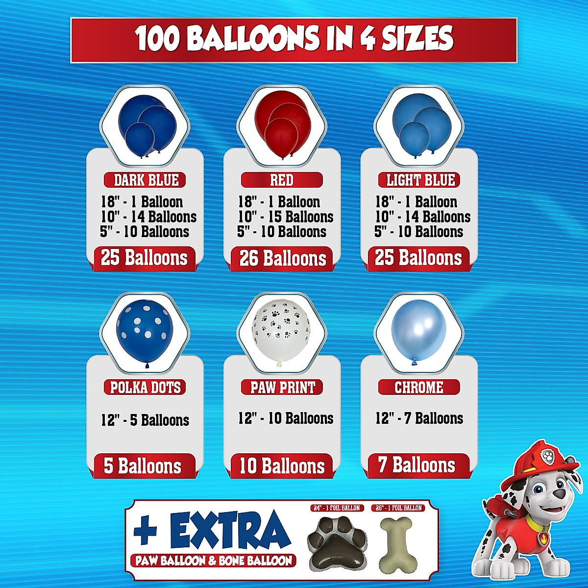 ALL-IN-1 Paw Balloon Arch & Garland Kit with BONUS Dog Bone – Small and Large Red, Dark Blue Paw Balloons – Chase Paw Birthday Party Decorations & Supplies – Boy