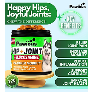 Pawious Hip and Joint Chews for Dogs - Glucosamine for Dogs - Dog Joint Pain Relief - Chondroitin, MSM, Turmeric, Hemp Oil Treats - Advanced Support Dog Joint Supplement Health - Mobility Bites