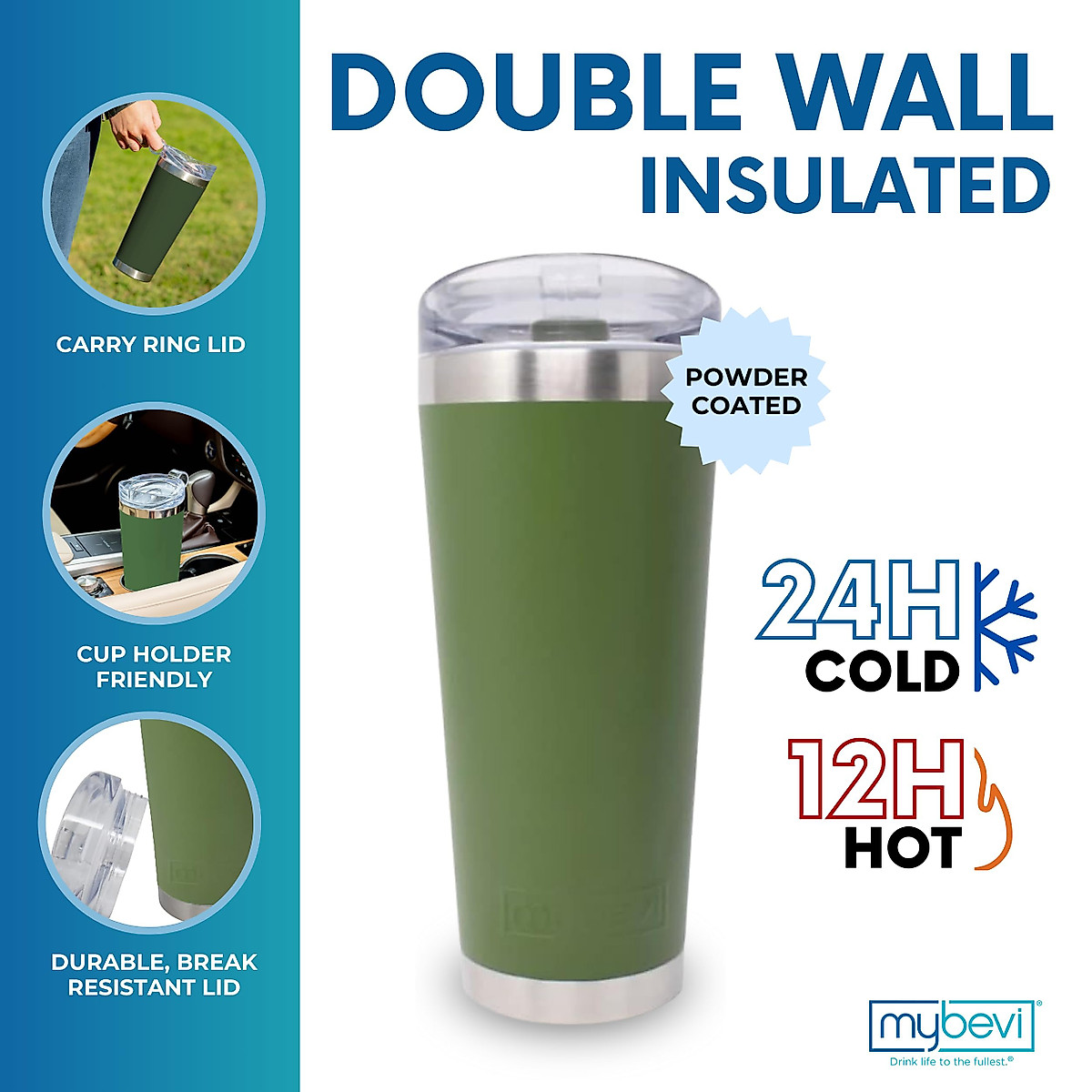 MyBevi Classic Premium Stainless Steel Tumbler with 12-Hour Temperature Control, Tritan Lid, and BPA-Free Construction | Army Green, 26 oz