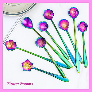 9 PCS Rainbow Flower Spoon Set, LEEFONE 2 Different Size Stainless Steel Reusable Teaspoons Coffee Sugar Stirring Spoon Dessert Cake Spoons Tea Scoops Table Spoon Mixing Spoon Ice Tea Spoon