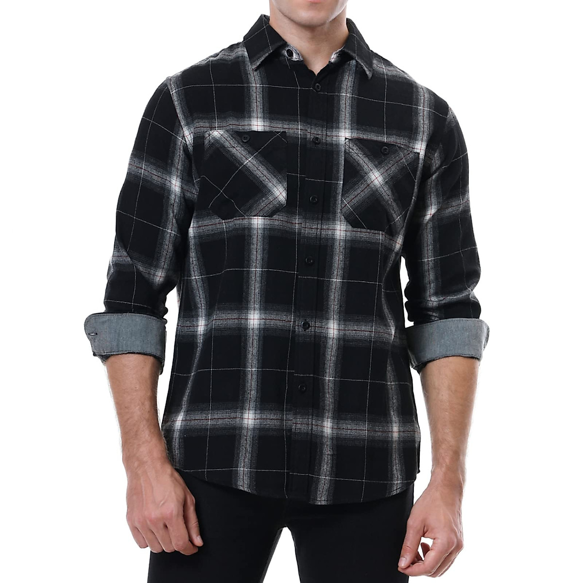 Ezmine Men’s Flannel Shirts Long Sleeve Casual Button Down Flannel Plaid Shirts for Men Camp Hiking Black