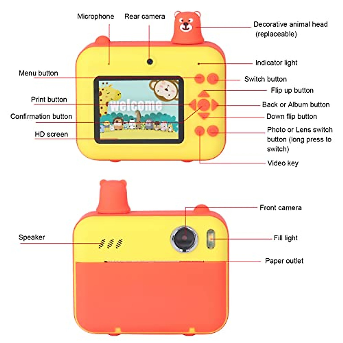 Kids Printing Camera, Print Camera 2.4 Inch USB Port 1000mAh Battery LCD Screen for Travel Yellow