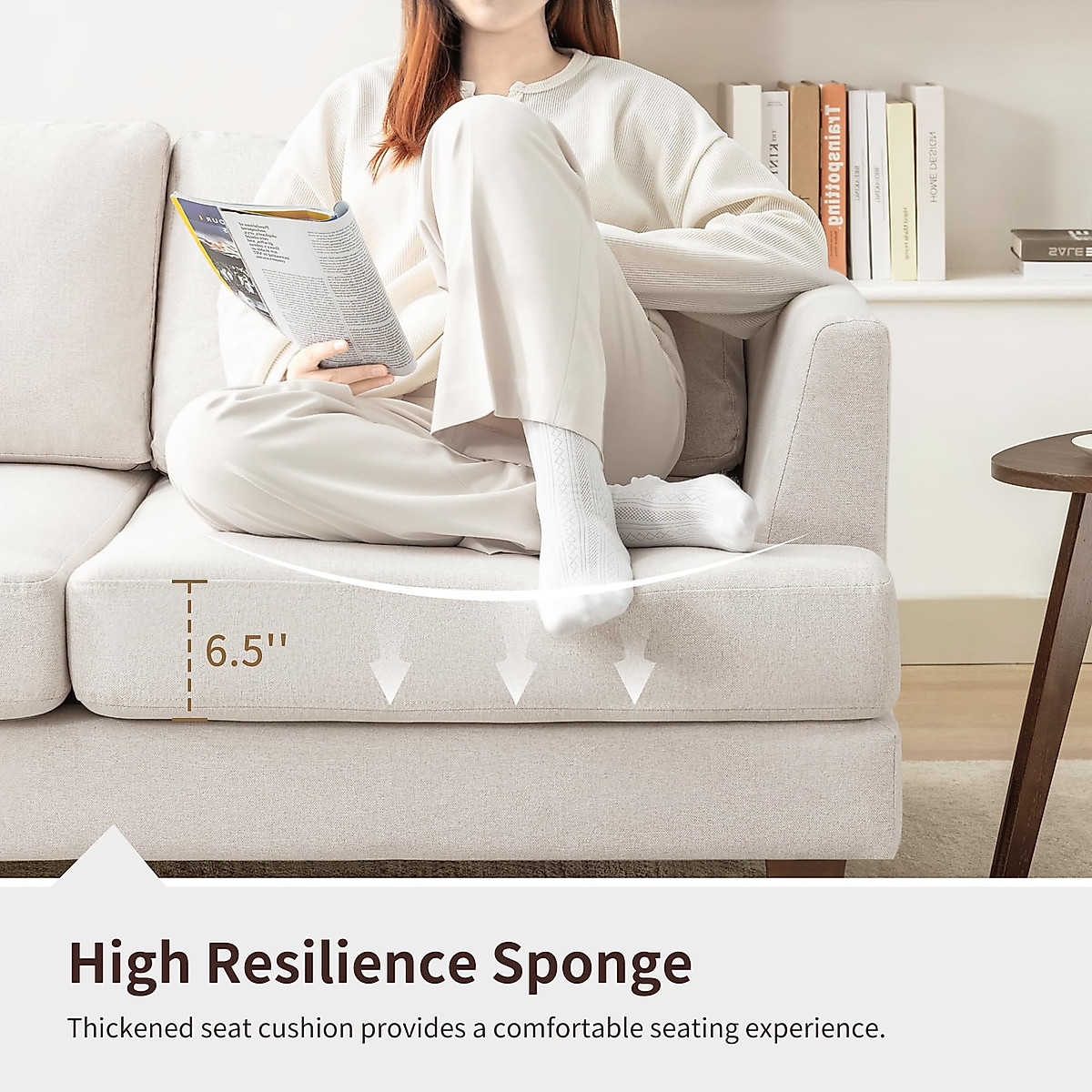 Gericco 89" 3-Seater Sofa, Deep Seat Sofa with Comfy Cushion, Mid Century Modern Couches for Living Room, Upholstered Comfy Sofa Couch for Bedroom, Apartment, Beige