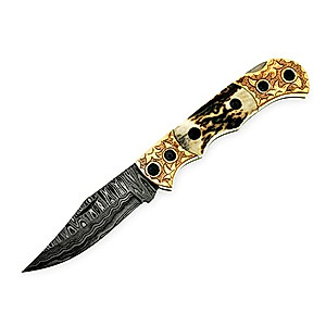 Back Lock Handmade Folding knife Pocket knife Damascus Steel Blade Back Lock Stag Horn Handle Leather Sheath BW-5160