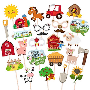 Maicaiffe Farm Animals Photo Booth Props - 26 Pcs Kid's Birthday Selfie Props Favors Supplies - Barnyard Baby Shower Party Centerpiece Sticks - Wedding Bridal Shower Party Decorations
