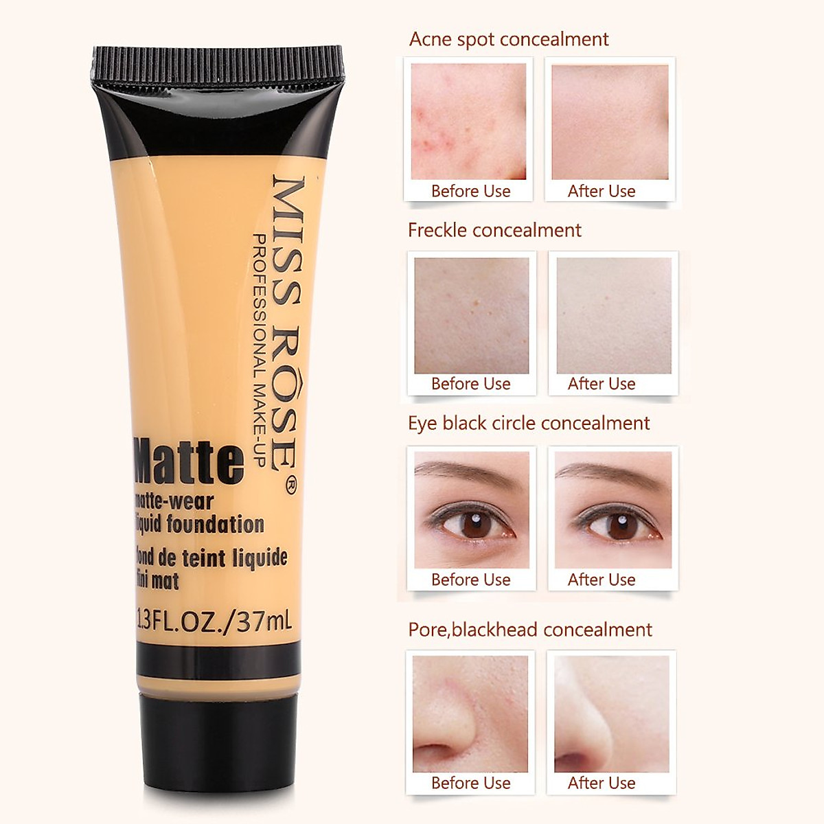 miss rose matte foundation, Smooth Liquid Concealer Cream, Makeup Base Face Liquid Foundation Matte Wear Concealer Sun Block Cream(#6) miss rose matte foundation
