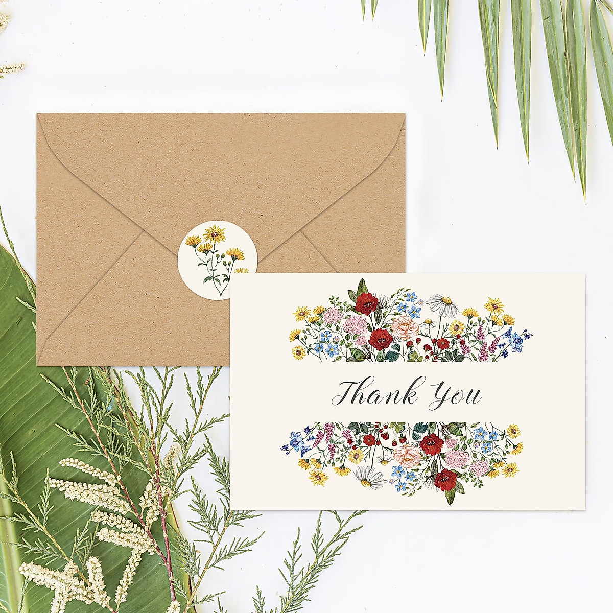 Whaline 30 Pack Wildflower Thank You Cards Vintage Floral Greeting Cards with Envelopes Stickers Retro Flower Blank Note Cards for Wedding Bridal Baby Shower Birthday Party Supplies, 4 x 6 Inch