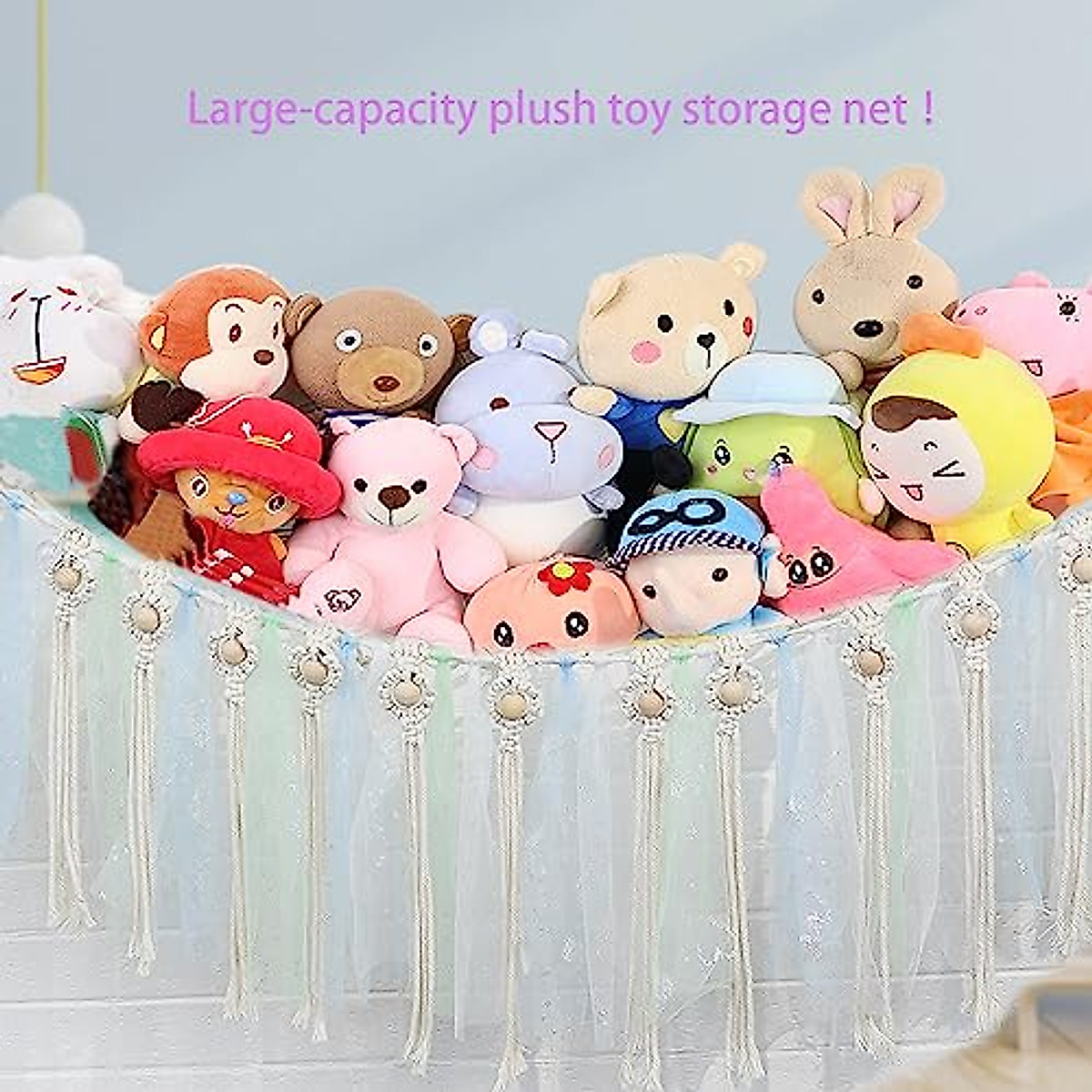 GSZTTKX Stuffed Animal Hammock,Macrame Large Toy Net Hanging for Stuffed Animals Storage Organizer Wall Corner,Boho Plush Stuffed Animal Holder Children Room Nursery Decor (with Light,Beads,White)