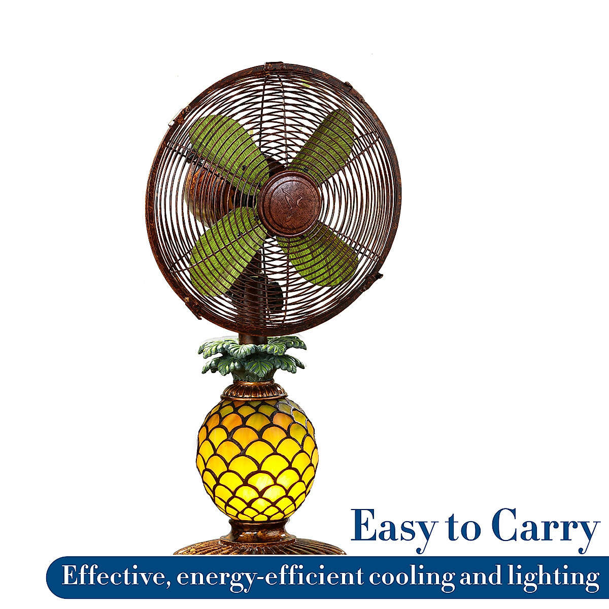 DecoBREEZE Oscillating Table Fan with Lamp, 3-Speed Portable Fan, Pineapple, Mosaic Glass Antique Fan and Lamp, 10 inches