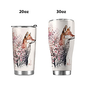 ORCAE Personalized 20oz 30oz Cherry Blossom Fox Tumber, Fox Gifts for Fox Lovers, Coffee Thermos for Women, Fox Tumbler Cup, Stainless Steel Coffee Thermos Insulated Travel Mug with Lid - D