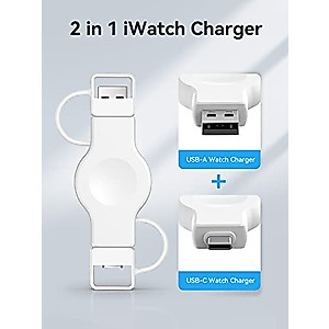 NEWDERY Portable Apple Watch Charger, Wireless Charger for iWatch with USB-A & USB-C Fast Charging Magnetic Cordless Travel Charger for Apple Watch Series 8 7 SE 6 5 4 3 2, White