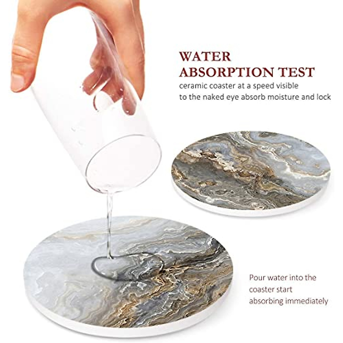 Coaster for Drinks Set of 6, Grey Marble Golden Stone Agate Absorbent Round Ceramic Stone Mat, with Cork Base and Metal Holder, Gift for Housewarming Room Bar Decor