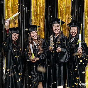 KatchOn, Xtralarge Black and Gold Streamers - 8x3.2 Feet, Pack of 2 | Black and Gold Fringe Curtain for Black and Gold Party Decorations | Black and Gold Backdrop, Graduation Decorations 2024