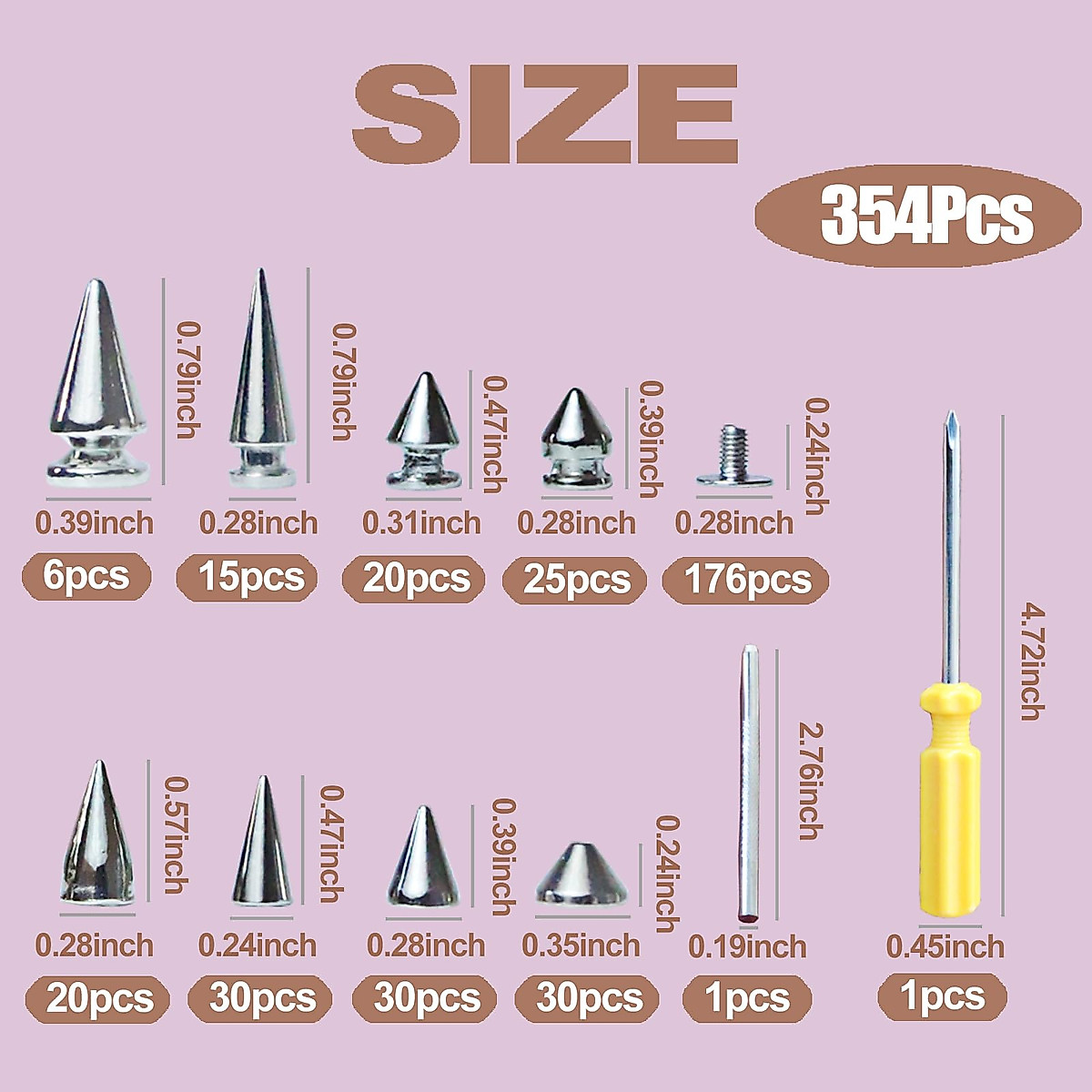 XKCWXY 354 Sets Punk Spikes and Studs Kit，8 Sizes Cone Spikes,Metal Tree Spikes Studs for Leathercraft and Punk Style Clothing Accessories DIY Craft Decoration