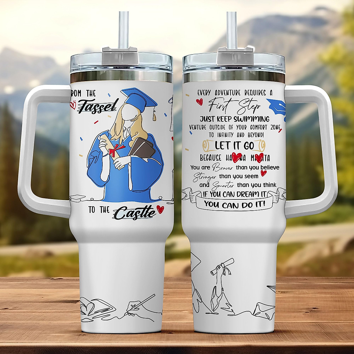 99OWL Graduation Girl Adventure, Tumbler 40 Oz With Handle Lid And Straw, Graduation Gifts, White Light Class Of Purple Handle Gold Tumblers Royal Navy Rose Blue Heart