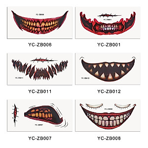12 Sheets Halloween Prank Makeup Temporary Tattoo Clown Tattoo Stickers Halloween Joker Tattoos Clown Horror Big Mouth Tattoo Stickers for Kids Adult Halloween Cosplay Party Decorations