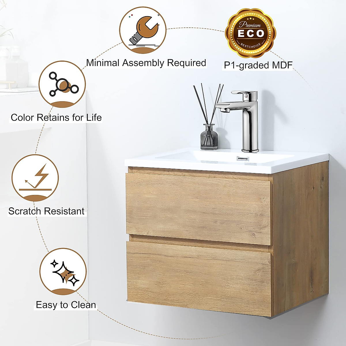 KSWIN 24" Wall Mounted Bathroom Vanity with Sink, Modern Floating Bathroom Cabinet with White Integrated Wash Basin