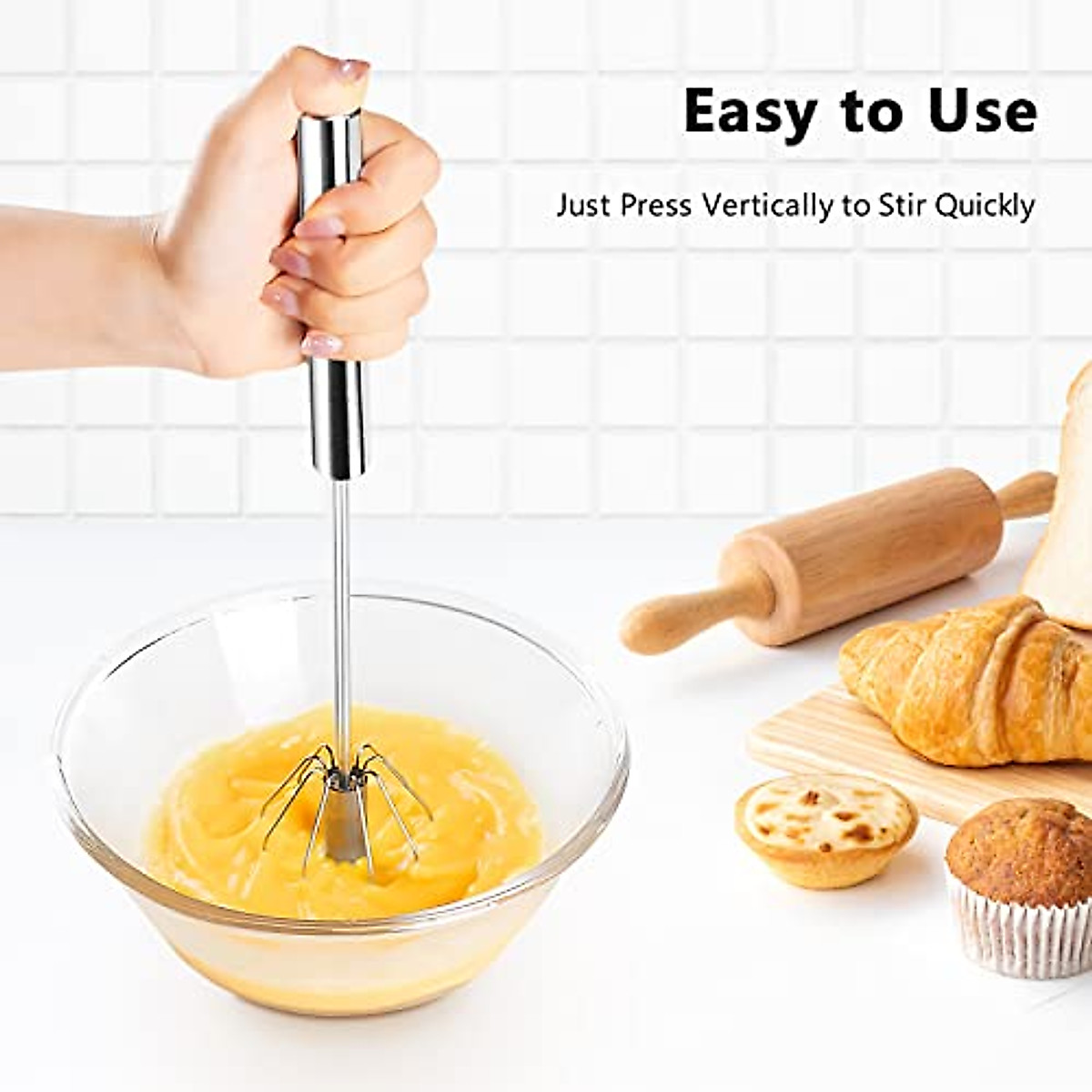 ANYI Whisk 12Inch Stainless Steel Long Handle Egg Beater Hand Push Wisking Tool for Home Whisks for Cooking, Blending, Beating & Stirring (Silver)