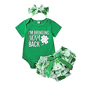 Infant Baby Girl Letters Print Romper Bodysuit High Waist Clover Tutu Shorts Bottoms St. Patrick's Day Clothes (Green,3-6 Months)