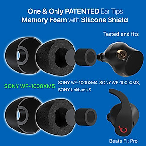 AirFoams Pro Universal Memory Foam Ear Tips w/Silicone Shield Patented for Sony WF-1000XM5, WF-1000XM4, Beat Fit Pro, Beats Studio Buds Plus, Beats Flex. Replacement. Kickstarter. (SML)