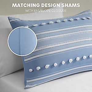 Urban Habitat Queen Duvet Cover Set Clipped Jacquard, Tufts Pompom Accent, Boho Duvet Covers, All Season Lightweight & Fluffy Bedding Cover, Matching Shams, Rowan, Full/Queen Blue 3 Piece