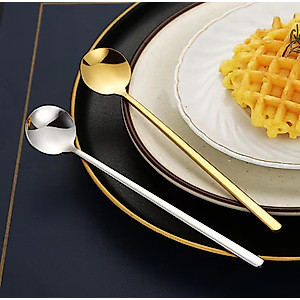 INPROPEXT 6PCS Coffee Spoons with Glass Holder, Small Stainless Steel Gold Round Dessert Spoons, Mini Tea Spoons Set for Fruit, Stirring, Mixing, Sugar, Ice Cream, Cake