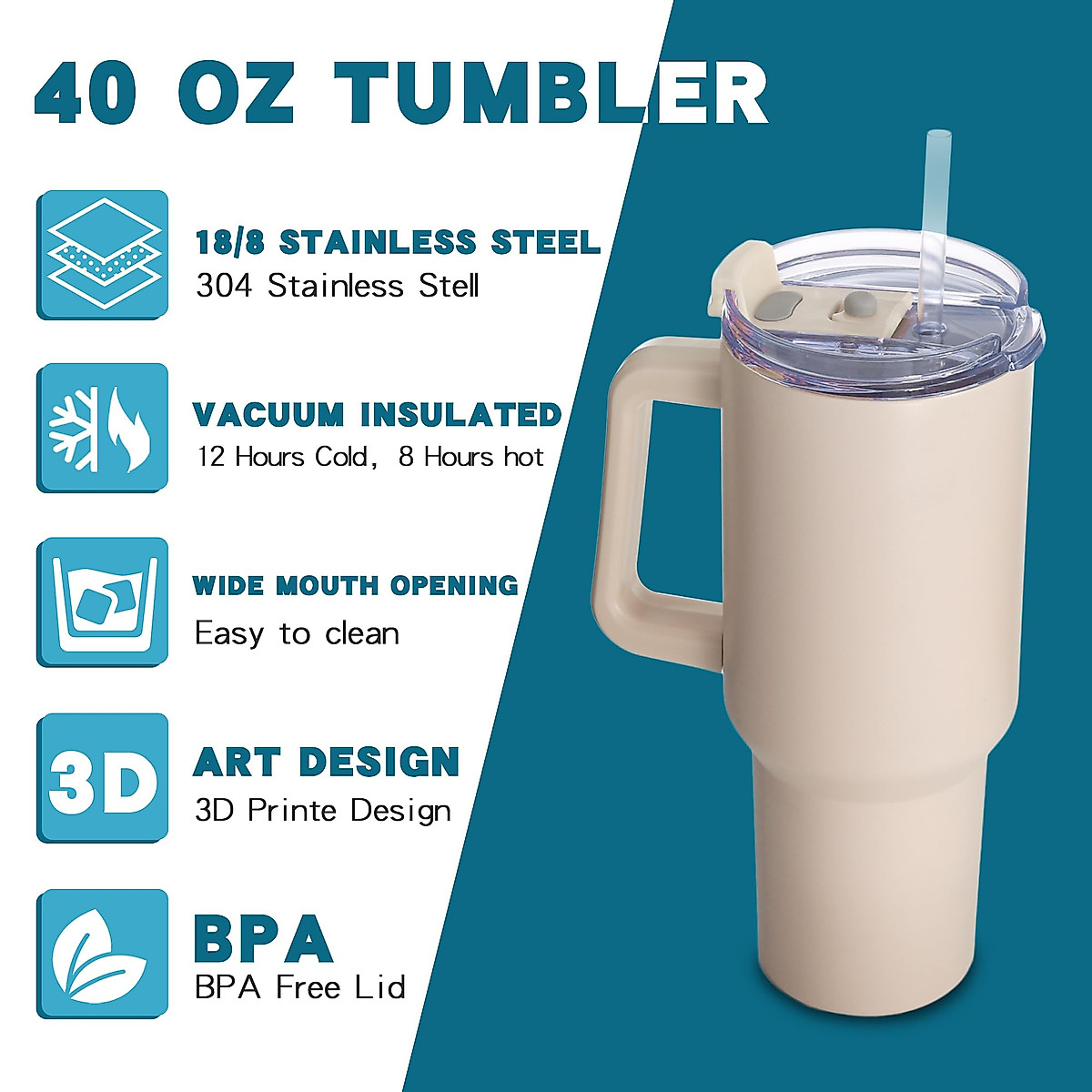 Gome 40 oz Tumbler with Handle Milky white - Stainless Steel Cup with Straw - Insulated Coffee Mug with Lid - Daisy Birthday Gifts for Women - Hand Wash Only