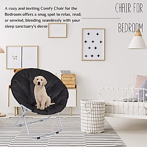 Oversized Moon Chair with Metal Frame, Comfy Chair for Outdoor, Saucer Chair for Courtyard, Cozy Faux Fur Lounge Chair, Black