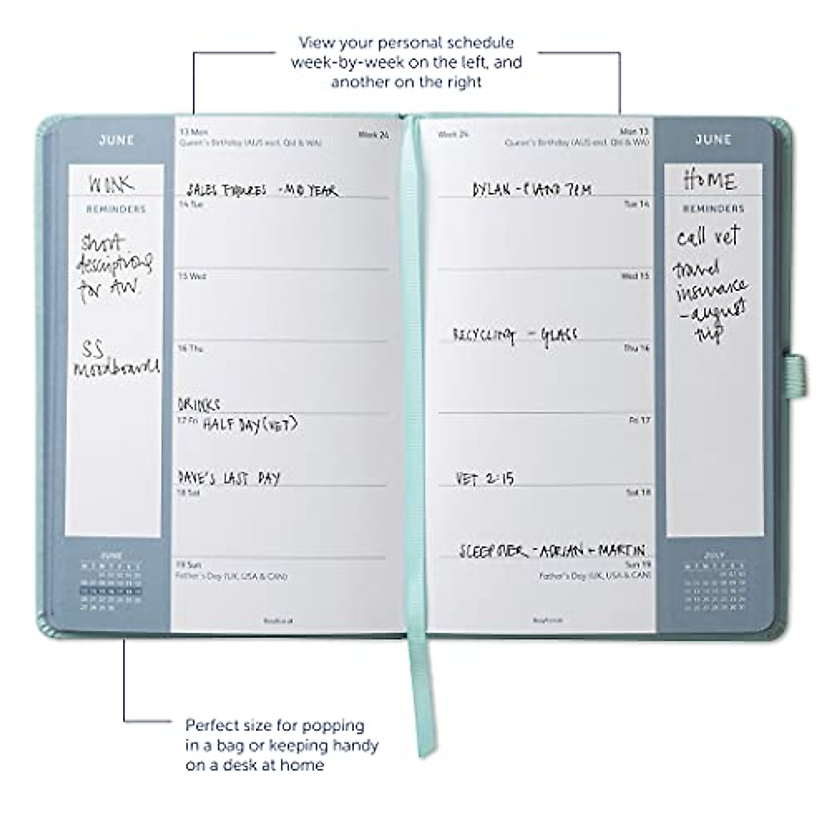 Busy B Busy Life Diary January to December 2022 - A5 Blue Faux Leather Week to View Planner with Dual Schedules, Pen Holder and Pockets