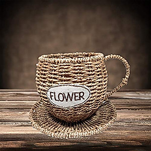 Cabilock Woven Teacup Flower Basket Rattan Woven Basket Desktop Decor Woven Flower Vase Fiddle Leaf Fig Wicker Woven Basket Dining Table Planter Water Plant Weaving Indoor Household Basket