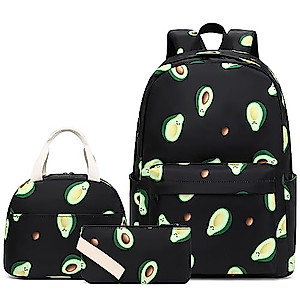 Fuyicat Avocado School Backpack Set for Girls, 3-in-1 Kids Teens Elementary Middle School Bags Bookbag with Lunch Bag Pencil Case