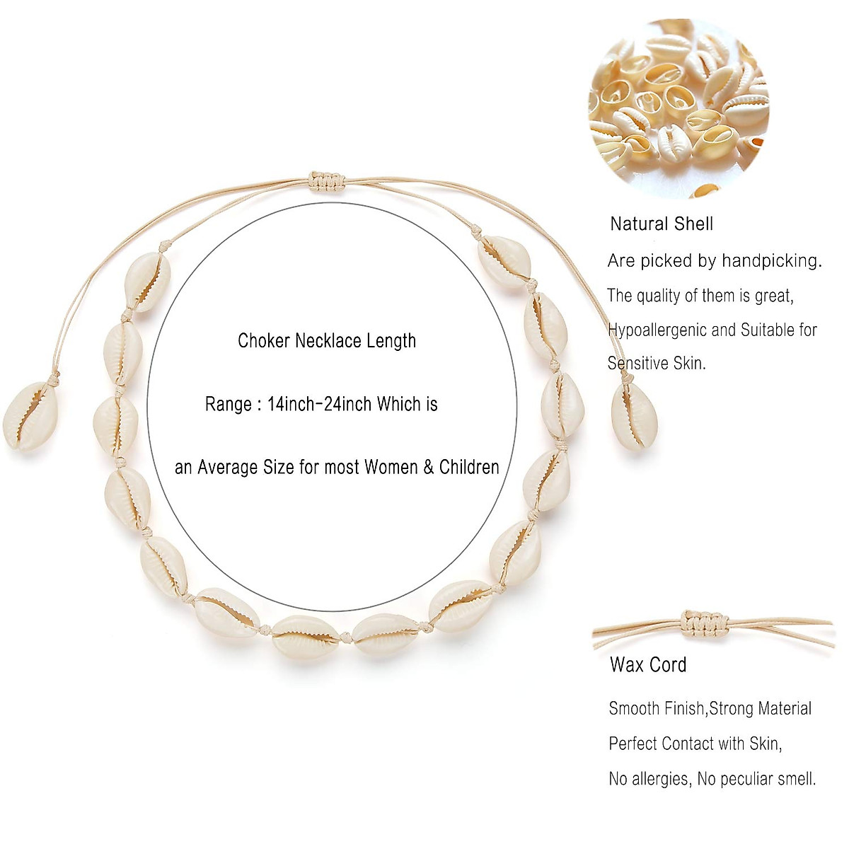 Nackiy Handmade Sea Shell Necklace for Women Summer Adjustable Natural Shell Collar Necklace (Beige Braided Rope)