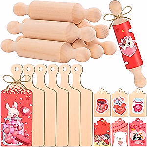 20Pcs Wooden Mini Rolling Pin for Crafts, Kids Small Dough Rolling Pin, Wood Cutting Board Chopping Board with Handle, Blank Wooden Labels with Rope for Halloween Christmas DIY Kitchen Home Decor