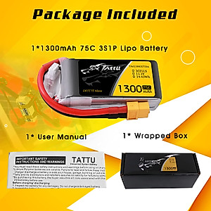 Tattu 11.1V 1300mAh 75C 3S LiPo Battery Pack with XT60 Plug for RC Boat Heli Airplane UAV Drone FPV Nemesis 240 Mini Skylark M4-FPV 250 Mini Shredder 200 INDY250 Plus Mojo 280 HOVERSHIP MHQ2