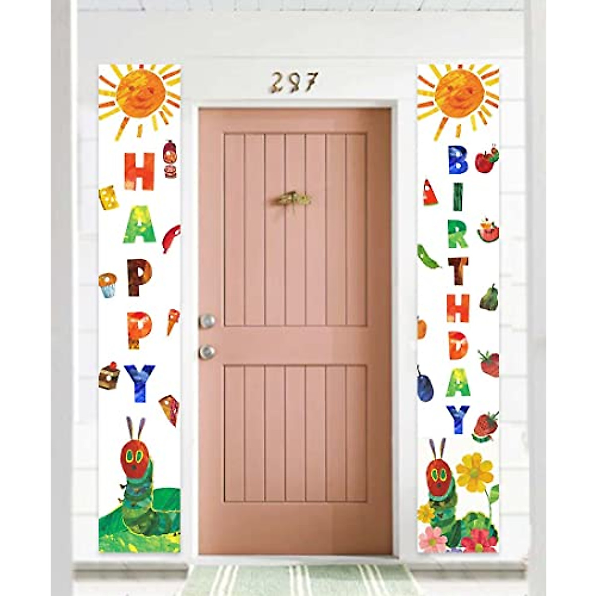 Cartoon Very Hungry Little Green Caterpillar Happy Birthday Banner Backdrop Insects Theme Decor Door Porch Decorations for Boys Girls 1st Birthday Party Baby Shower Supplies Favors Background Gift