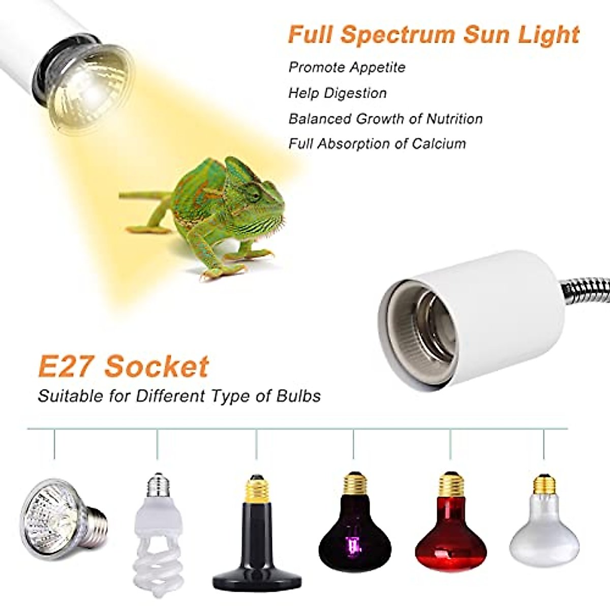Reptile Heat Lamp, Reptile Light with 360° Rotatable Hose, Adjustable Heating Lamp Fixture with 3 UVA UVB Bulbs Suitable for Bearded Dragon Turtle Lizard Snake ,Most Reptiles Plants