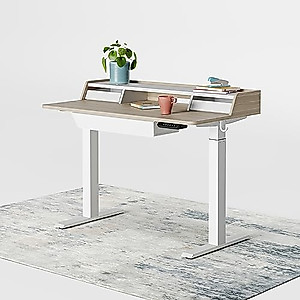 FEZIBO Height Adjustable Electric Standing Desk with Three Drawers, 48 x 25 Inch Table with Storage Shelf, Sit Stand Desk with Storage Space, Splice Board with White Frame/Light Walnut Top, 48 inch