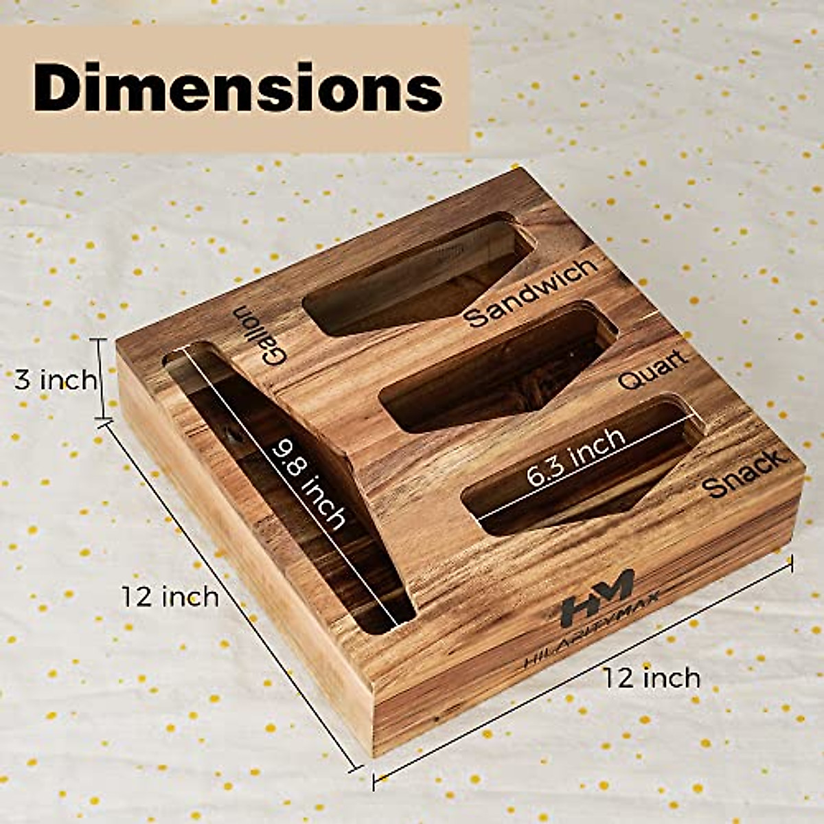 HilarityMax Ziplock Storage Bag Organizer , Premium Acacia Food Bag Organizer for Snack, Sandwich, Quart, and Gallon Size bags, Kitchen Drawer or Wall-Mounted Boxes, 12x12x3 inch