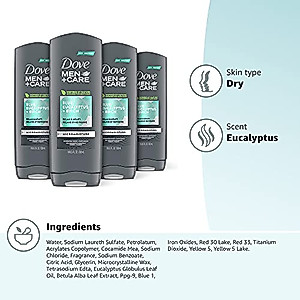 Dove Men+Care Mens Body Wash Dry Skin Body Wash with Micromoisture, Blue Eucalyptus and Birch Effectively Washes Away Bacteria While Nourishing Your Skin, 18 Fl Oz (Pack of 4)