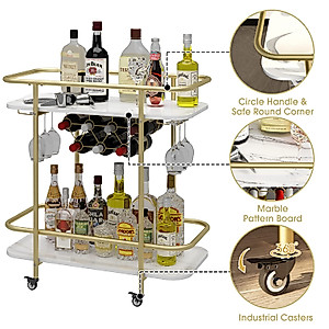 BENOSS Gold Bar Cart on Wheels, Home Bar Serving Carts, Modern Marbled Pattern Wine Cart with Glass Holder Wine Rack, Coffee Tea Drink Trolley, Beverage Bar Cart for the Home Kitchen Living Room Party